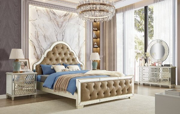 Homey Design 5 Piece Champagne Silver Gold Rose Beige Bedroom Set Mary s Wholesale Furniture Jacksonville FL