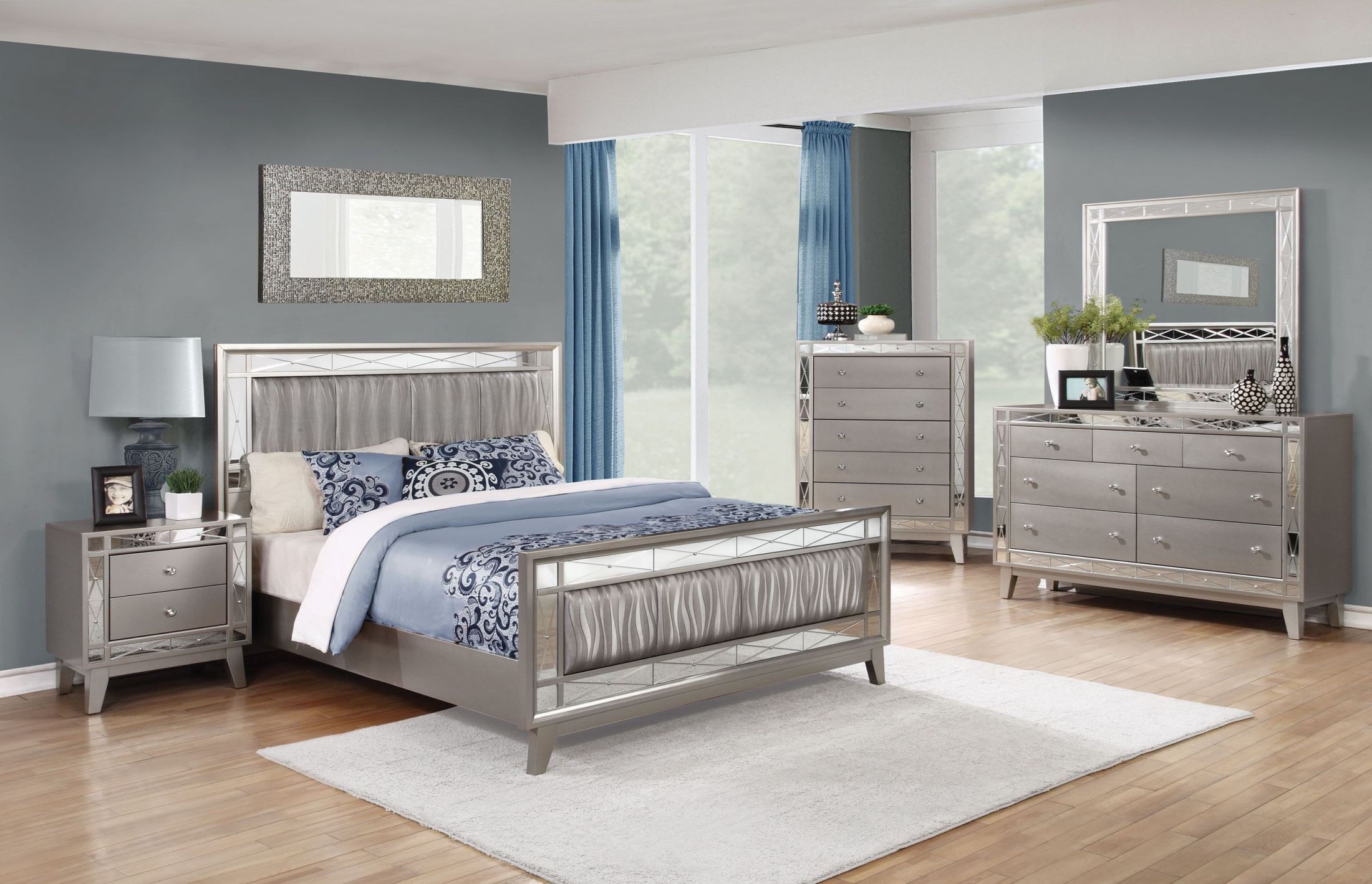 Coaster Leighton 4 Piece Metallic Mercury Panel Bedroom Set Comfort Center Furniture