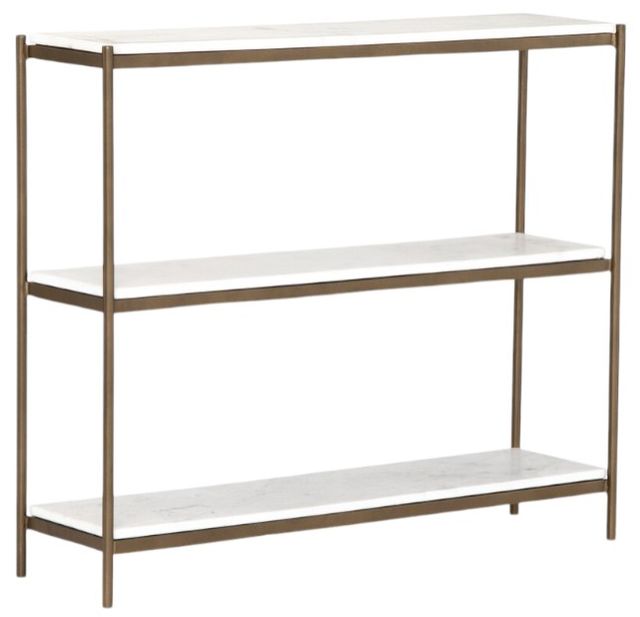 Four Hands Felix Polished White Console Table with Antique Brass Frame ...