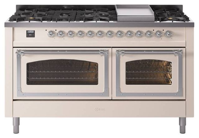 Ilve® Nostalgie II 60'' Antique White Natural Gas Freestanding Dual Fuel Range with Chrome Trim ...