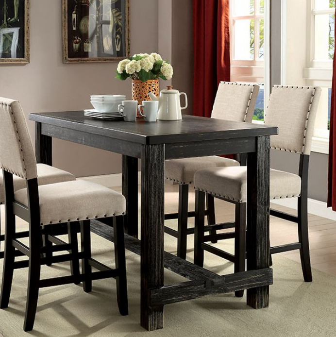 Furniture of America Sania II 4 Piece Antique Black Counter Height Dining Table Set with Gray Side Chair