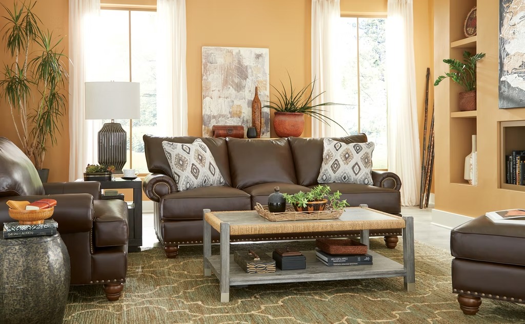 Craftmaster CM Leather Brown Sofa Great Rooms Furniture and Mattresses