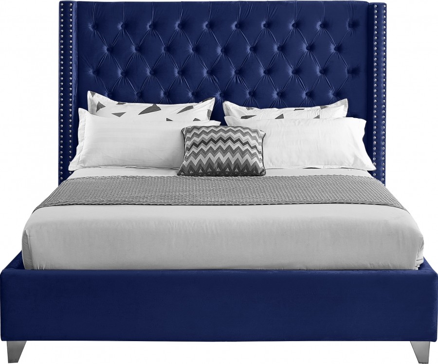 Meridian Furniture Aiden Navy Velvet Queen Bed Lux Furniture Gallery Herndon VA