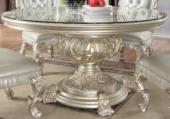 Homey Design Bella Lusso Glass Top Round Dining Table with Metallic ...