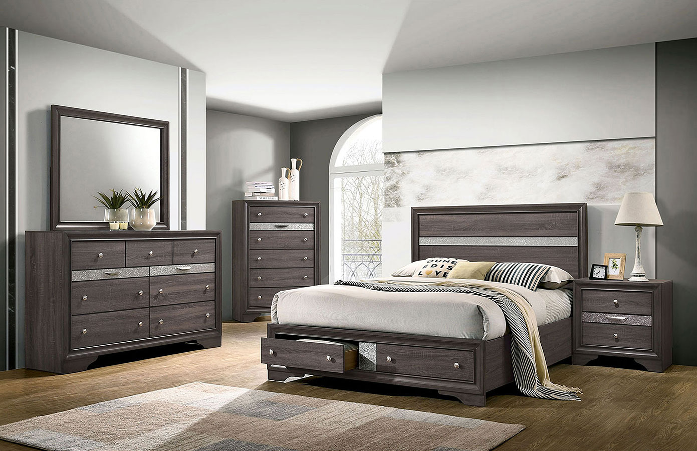 Furniture of America Chrissy Gray Five Piece Queen Bedroom Set
