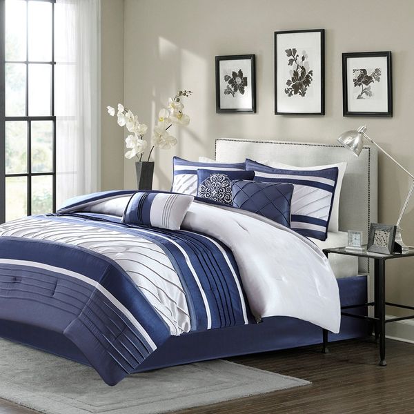 Olliix by Madison Park 7 Piece Navy Queen Blaire Comforter Set | Big ...