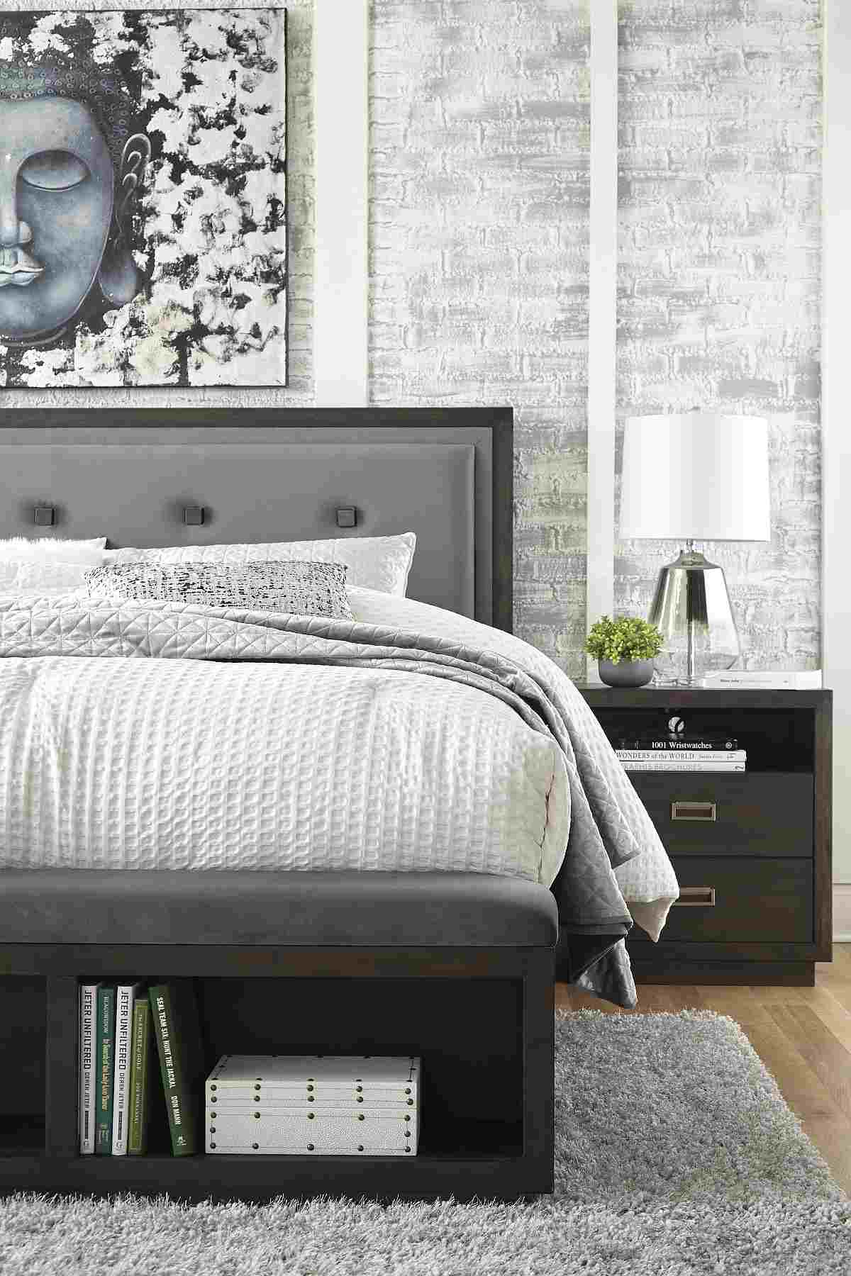 Hyndell dark brown upholstered platform storage bedroom set store