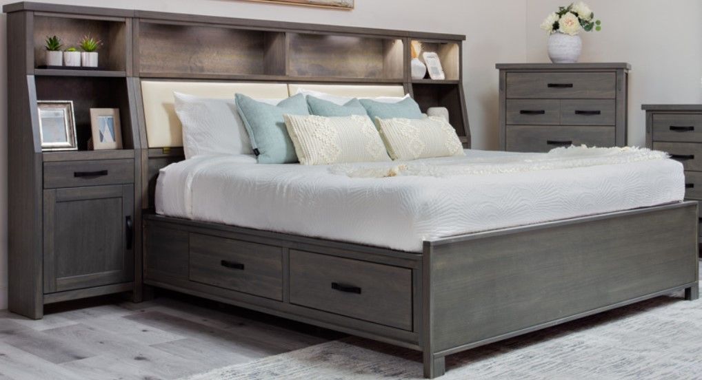 Mako Wood Furniture Jetty Gray King Upholstered Bookcase Bed With