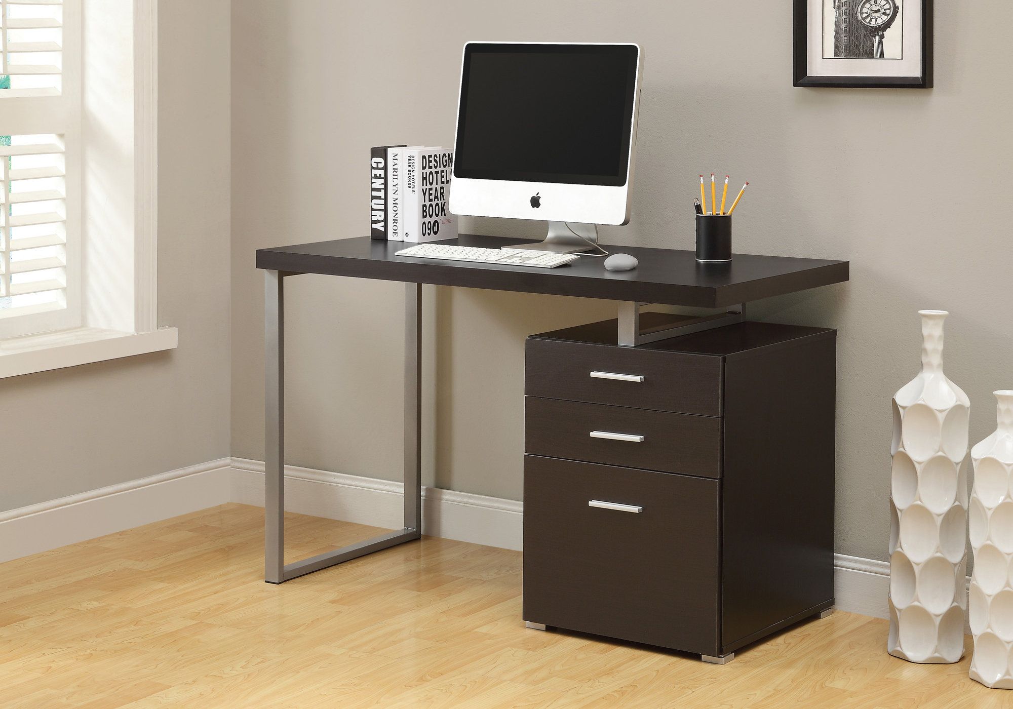 Espresso computer desk with drawers store