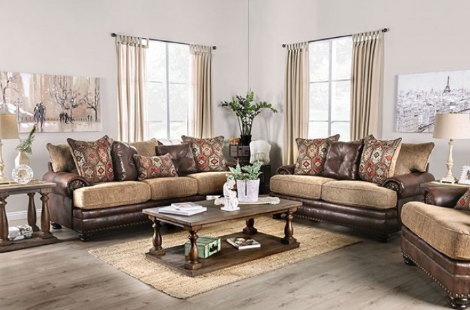Furniture of America Fletcher Brown Tan Sofa and Loveseat Parks Home Furnishings