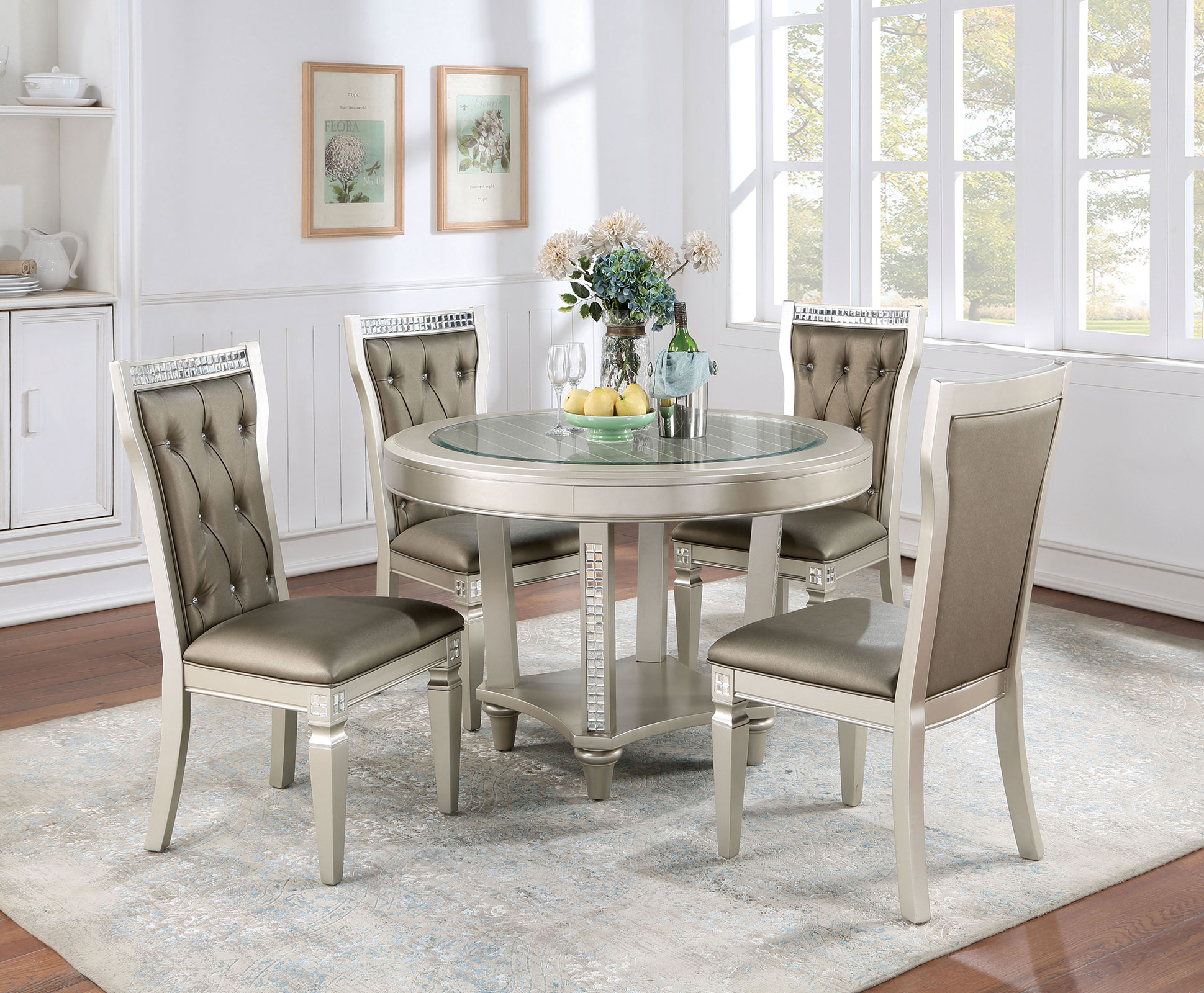 Furniture of America Adelina Champagne Round Dining Table with Glass Insert Top Parks Home Furnishings