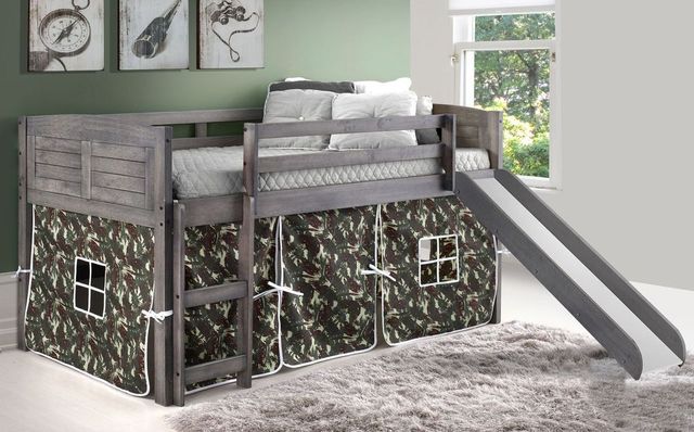 Donco Kids Louver Antique Grey Twin Low Loft Bed with Slide and Green Camo Tent Kit Bob Mills Furniture