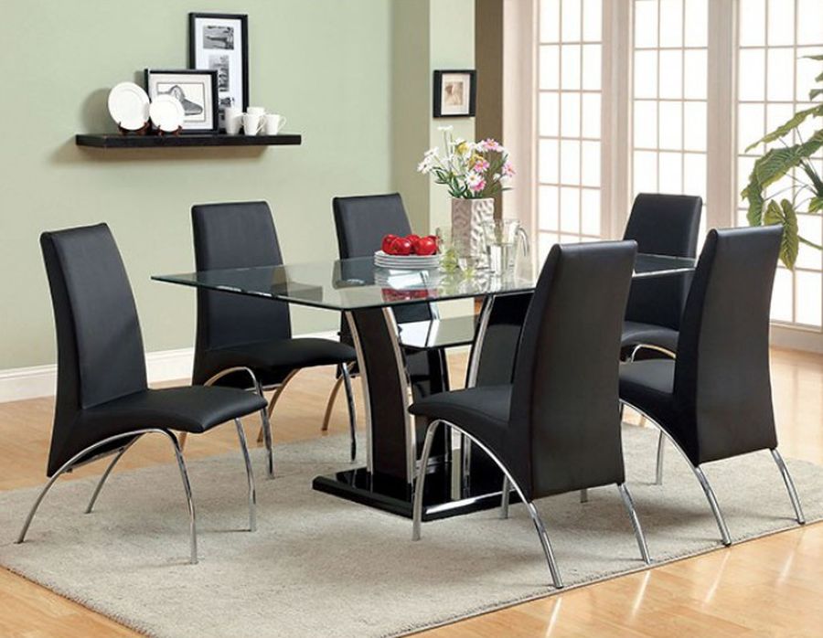 Furniture of America Richfield Glass Top Dining Table with Black and Chrome Pedestal