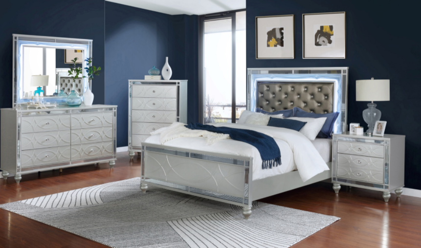 Coaster Gunnison 5 Piece Silver Metallic Eastern King Bedroom Set with LED Lighting Westside Furniture Taft CA