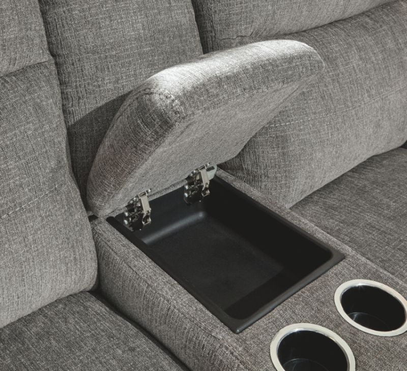 Signature Design by Ashley Mouttrie Smoke Power Reclining Loveseat with Adjustable Headrest Farnham s Furniture Galleries Casper Wyoming
