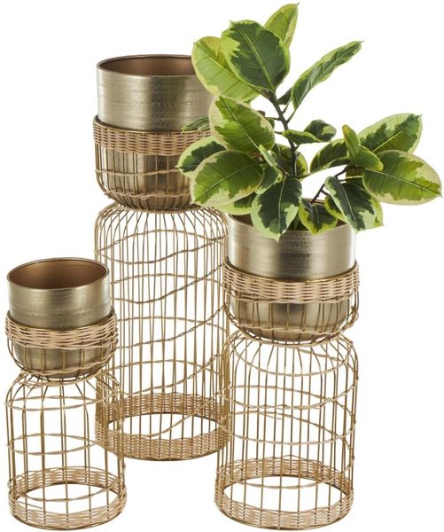 UMA Enterprise 3-Piece Gold Textured Dome Planter Set with Woven Rattan ...