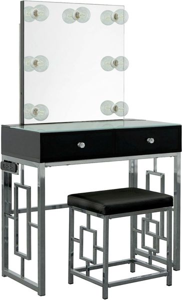 Elements International Margo Glass Top Vanity Table with Black/Silver ...
