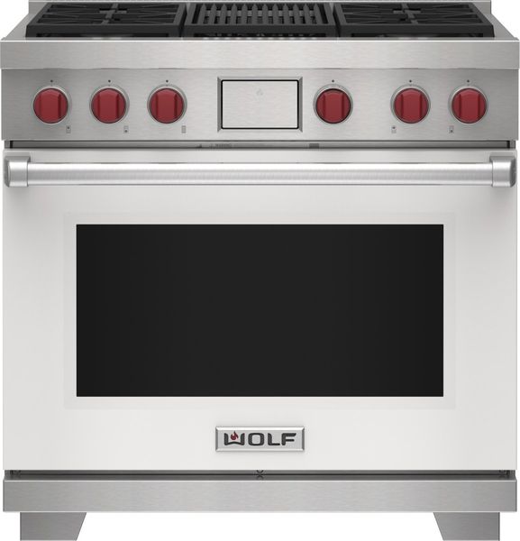 Wolf® 36" Stainless Steel Pro Style Dual Fuel Range with White Door ...