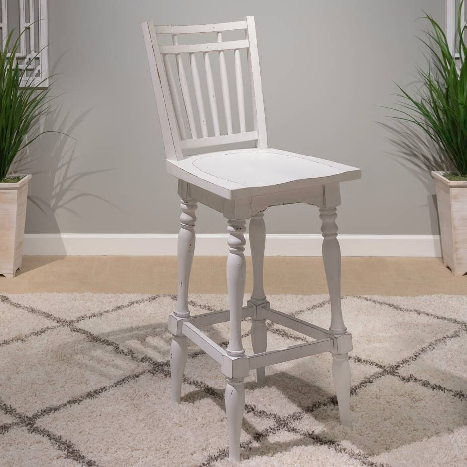 Liberty Furniture Magnolia Manor Antique White Spindle Back Swivel Bar Stool Ennis Home Furnishings Bozeman Home Furnishings Ennis Bozeman MT
