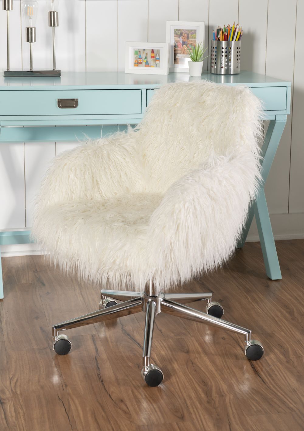 Linon Fiona White Faux Fur Office Chair