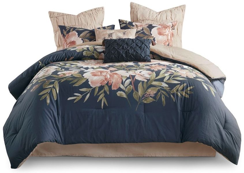 Olliix by Madison Park Camillia 8 Piece Navy King Cotton Comforter Set ...
