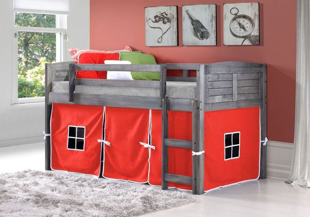 Donco Kids Louver Antique Grey Low Loft Bed with Red Tent Kit Bob Mills Furniture