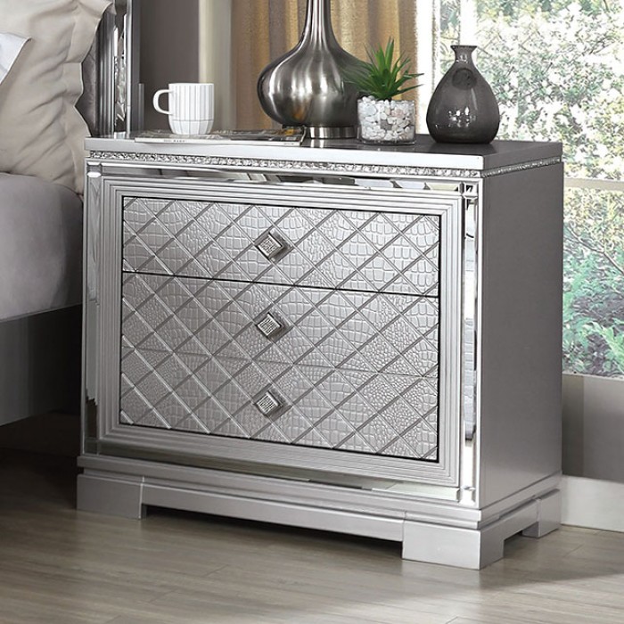 Belleterre Gray Silver Mirrored Nightstand Ornate Home