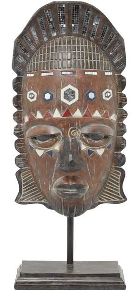 UMA Enterprise Brown Mask African Tribal Sculpture with Rust and Navy ...