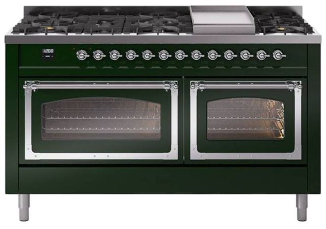 Ilve® Nostalgie II 60'' Emerald Green Natural Gas Freestanding Dual Fuel Range with Chrome Trim ...