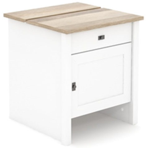 Sauder Cottage Road Soft White Side Table with Robot Vacuum Storage Carthage Furniture Carthage TX