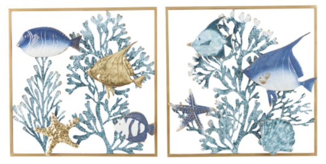 Deco Marche 2-Piece Blue/Gold Metal Fish Wall Decor with Frame Set ...