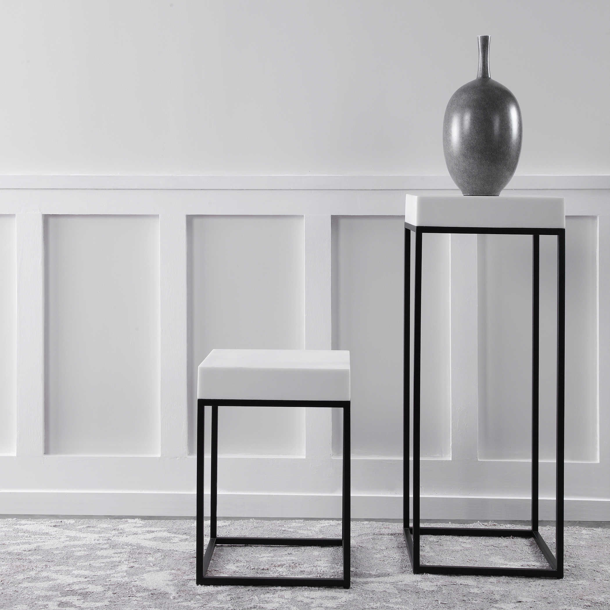 Uttermost Gambia White Marble Top Plant Stand with Aged Black Base Ideal Furniture Mattresses Stockton CA