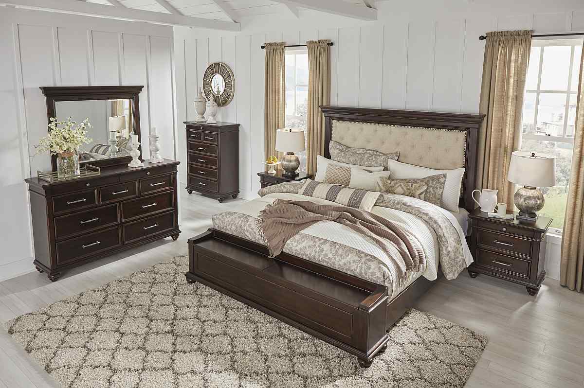 Signature Design by Ashley Brynhurst Dark Brown King Upholstered Storage Bed Farnham s Furniture Galleries Casper Wyoming