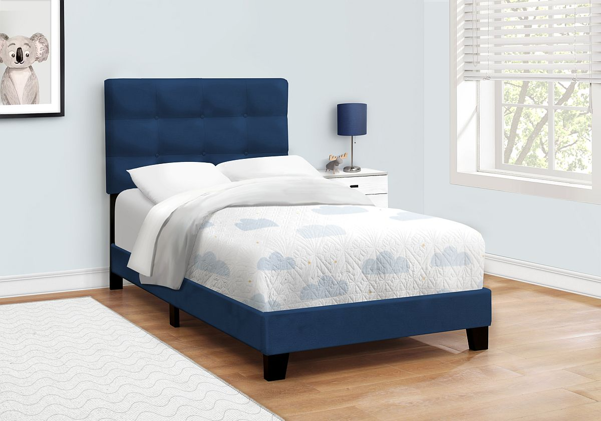 Monarch Specialties Inc. Navy Blue Twin Upholstered Panel Youth Bed Furniture Villa BrandSource Home Furnishings