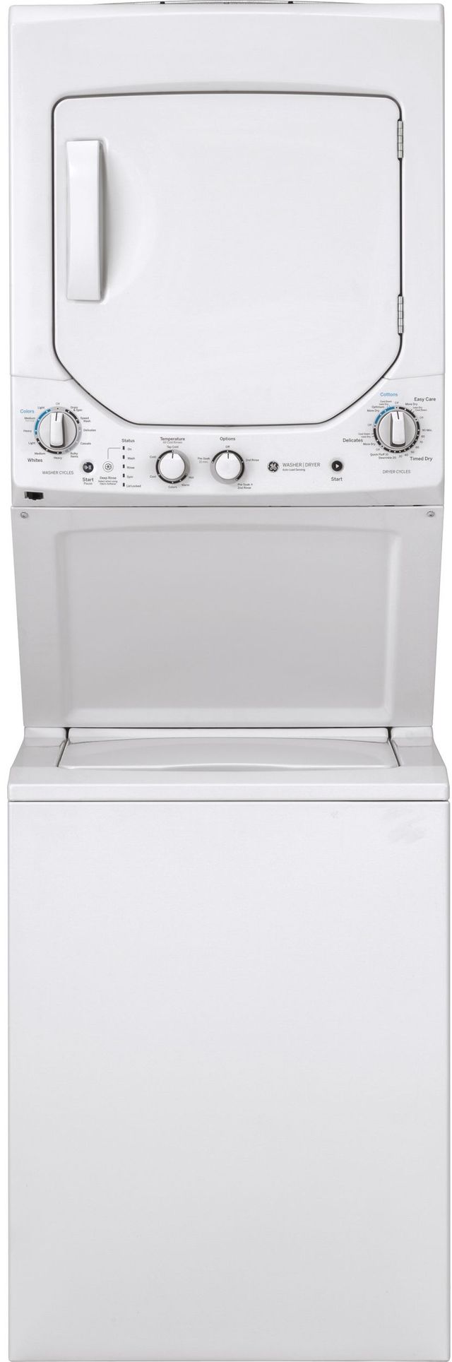 GE® Unitized Spacemaker® 2.3 Cu. Ft. Washer, 4.4 Cu. Ft. Dryer White On White Stack Laundry ...